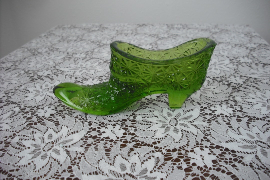 Fenton Green Glass Slipper Shoe Vintage - Etsy