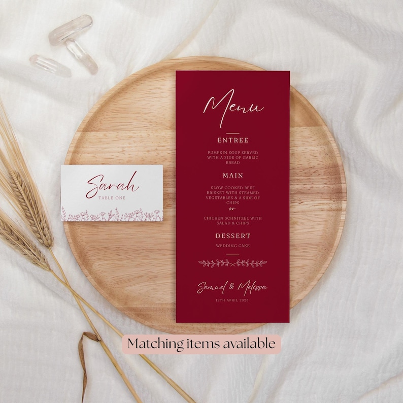 Editable Wedding Menu Template, Canva Printable Menu, Burgundy Deep Red ...
