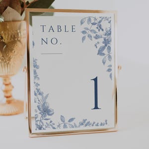 French Blue Toile Table Number, Printable Blue Floral Destination Table ...
