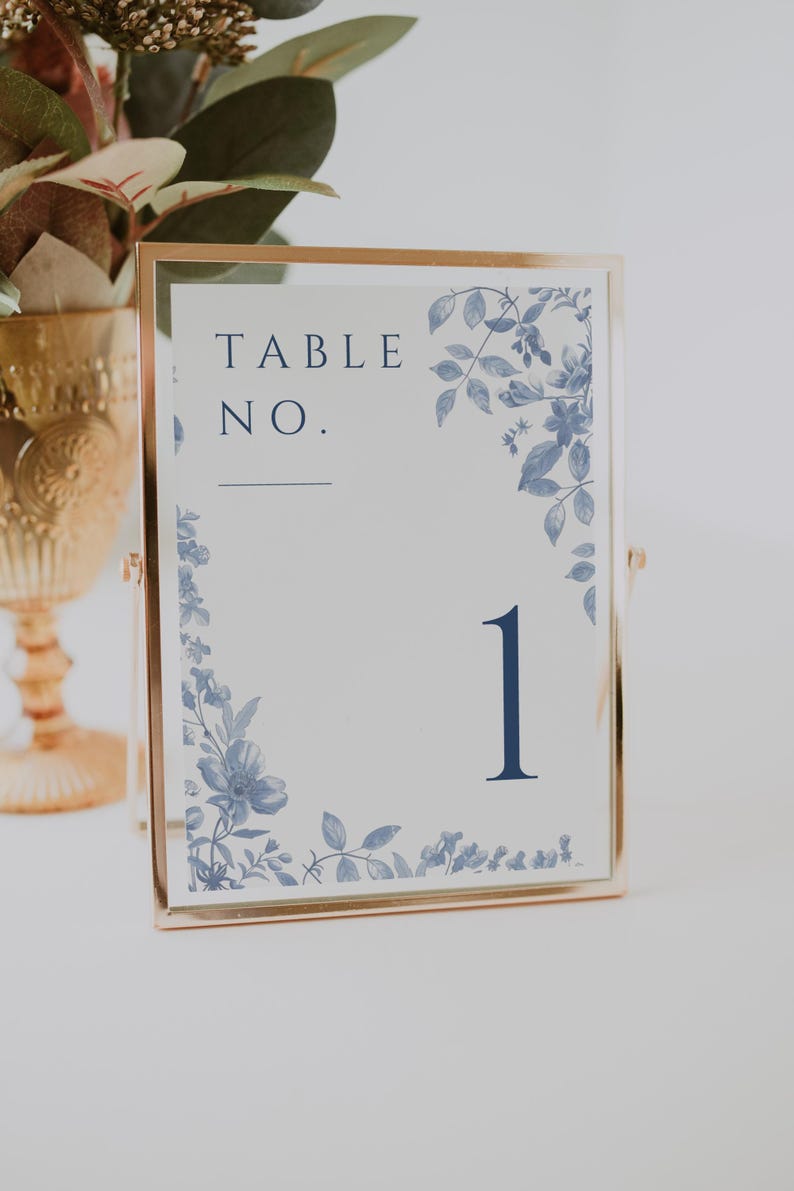 French Blue Toile Table Number, Printable Blue Floral Destination Table ...