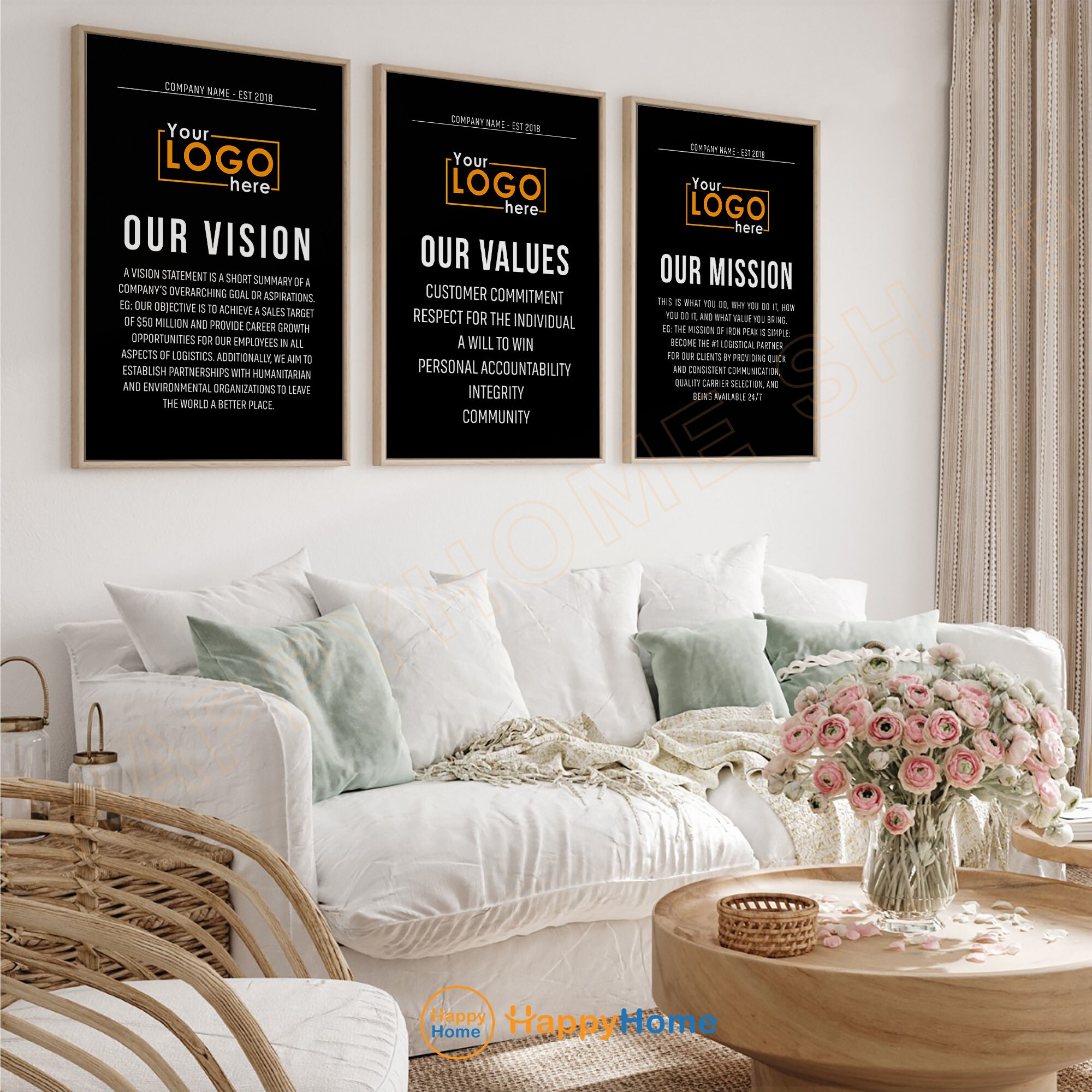 Our Values Our Vision Our Mission Wall Art Personalized Business ...