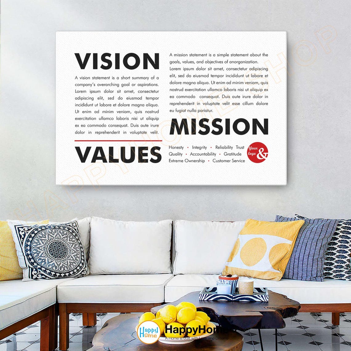 Personalized Company Values Wall Art Core Values Our Vision Our Mission ...