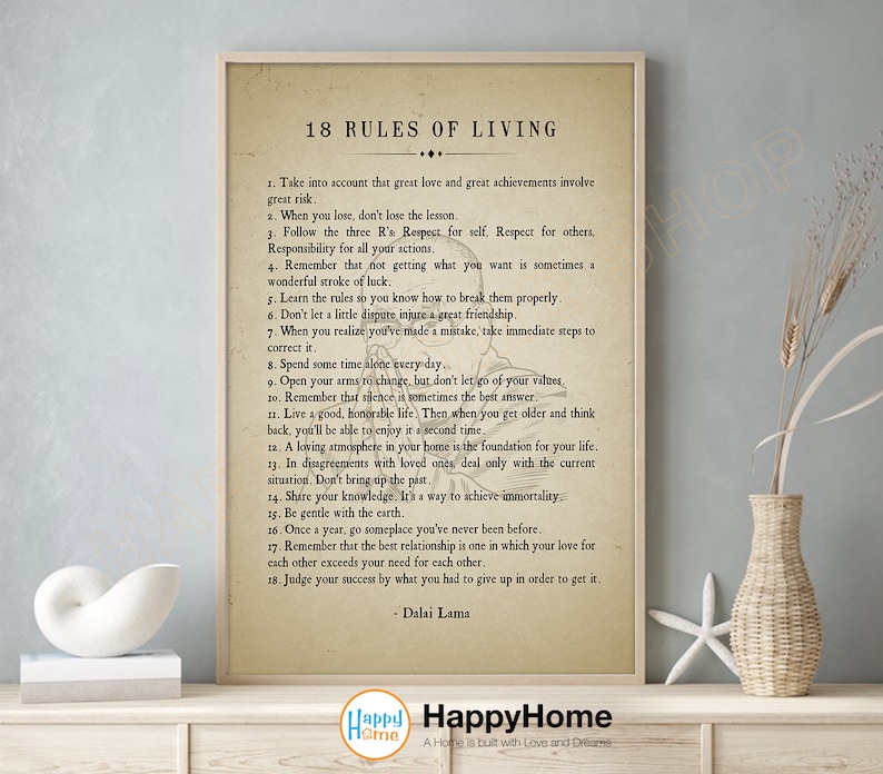 18 Rules of Living by Dalai Lama Wall Art Motivational Quotes ...