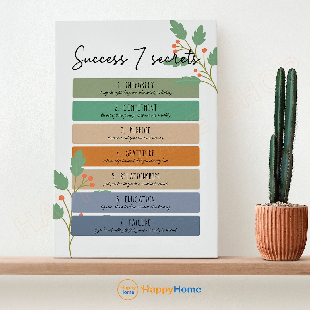 Success 7 Secrets Motivational Inspirational Quotes Wall Art Canvas ...