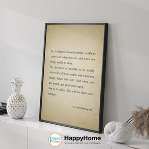 Ernest Hemingway Quote Wall Art Try to Learn to Breathe Deeply ...