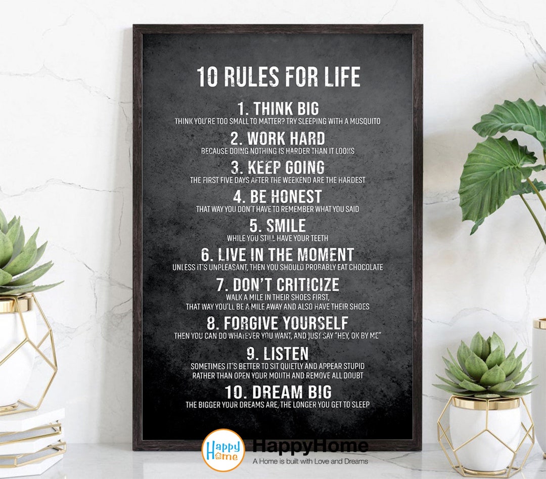 10 Rules for Life Motivational Inspirational Quotes Wall Art Canvas ...