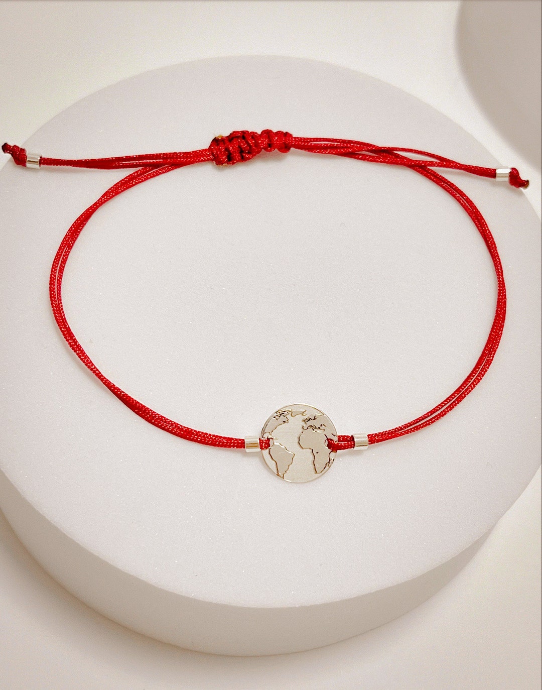 World Map Bracelet: Sterling Silver Globe Charm, Red String of Fate - Etsy