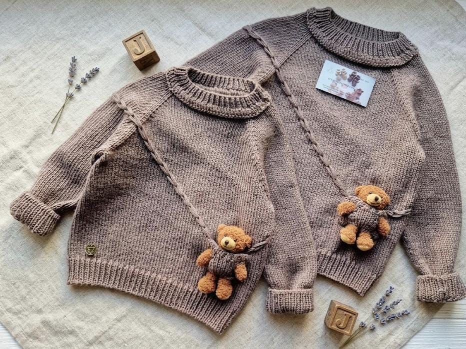 Hand-knitted Merino Wool Baby Sweater With Teddy Bear Pocket - Etsy UK