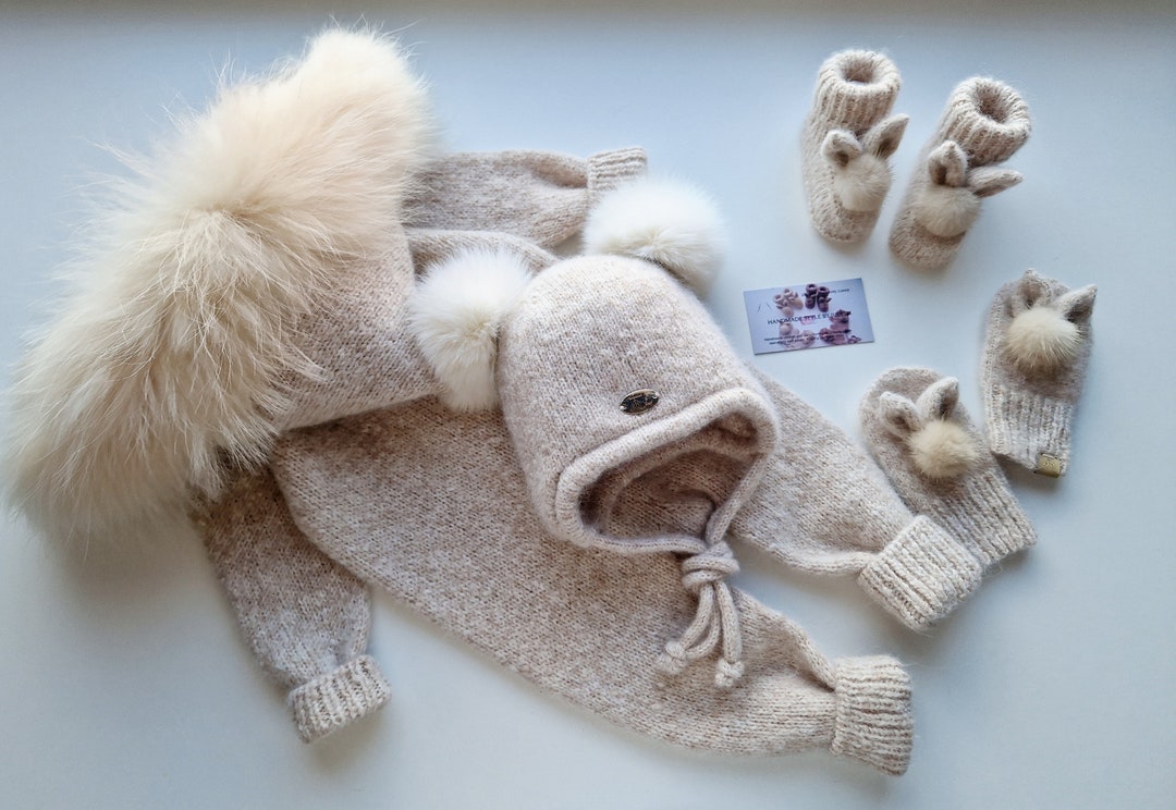 Hand Knitted Alpaca Merino Wool Baby Outfit: Fur Hood Romper, Hat ...