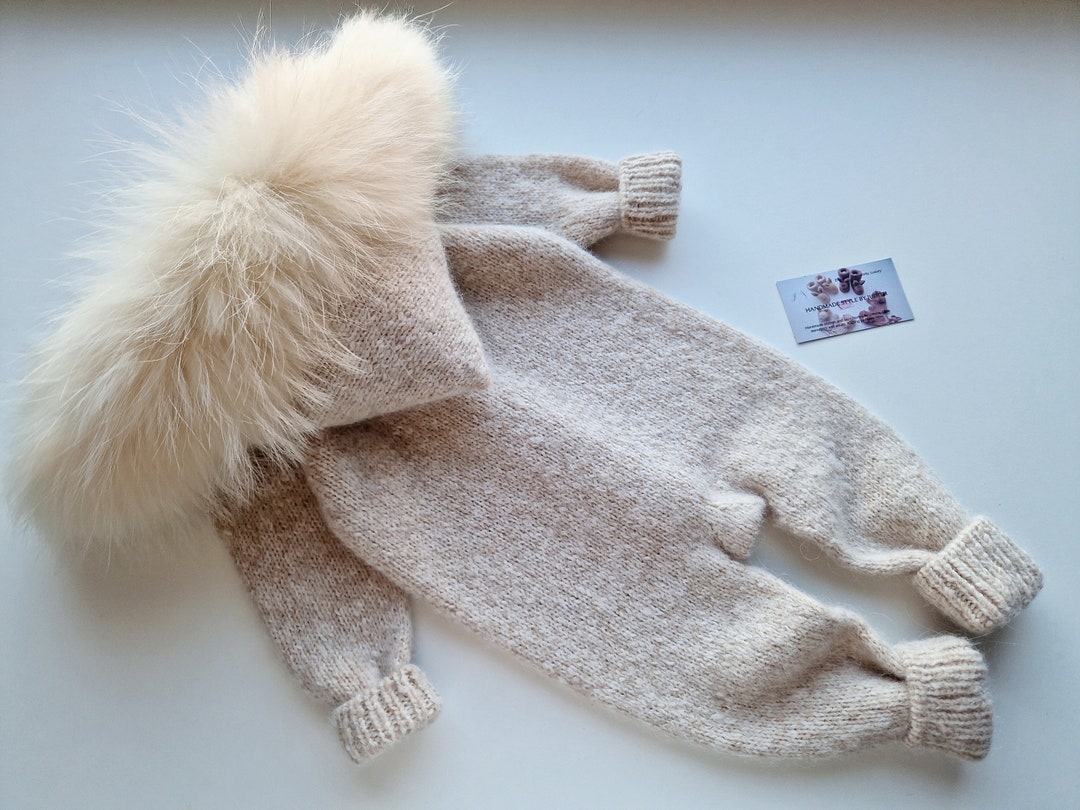 Handknitted Alpaca Merino Baby Romper: Fur Hood, Coming Home Outfit - Etsy