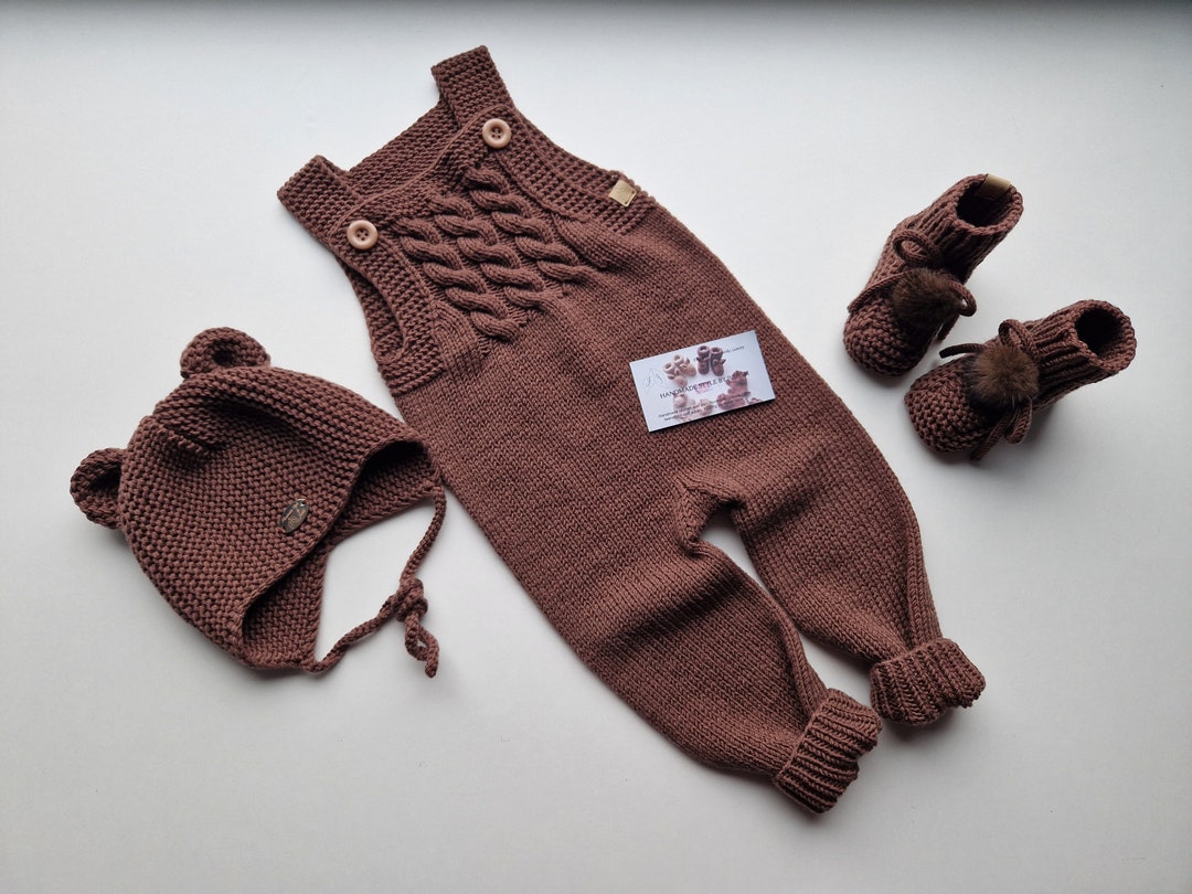 Hand Knitted Merino Wool Baby Set: Bear Bonnet, Romper & Booties - Etsy