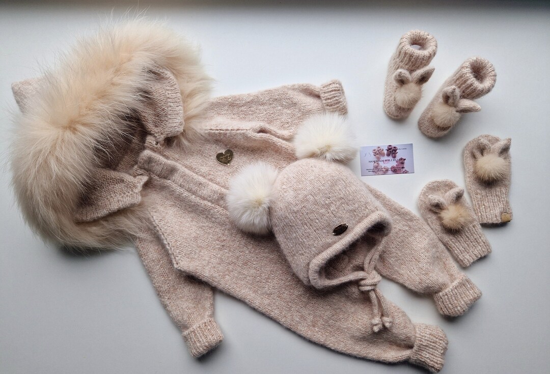 Knitted Alpaca Baby Outfit: Fur Hood Romper, Booties & Mittens - Etsy