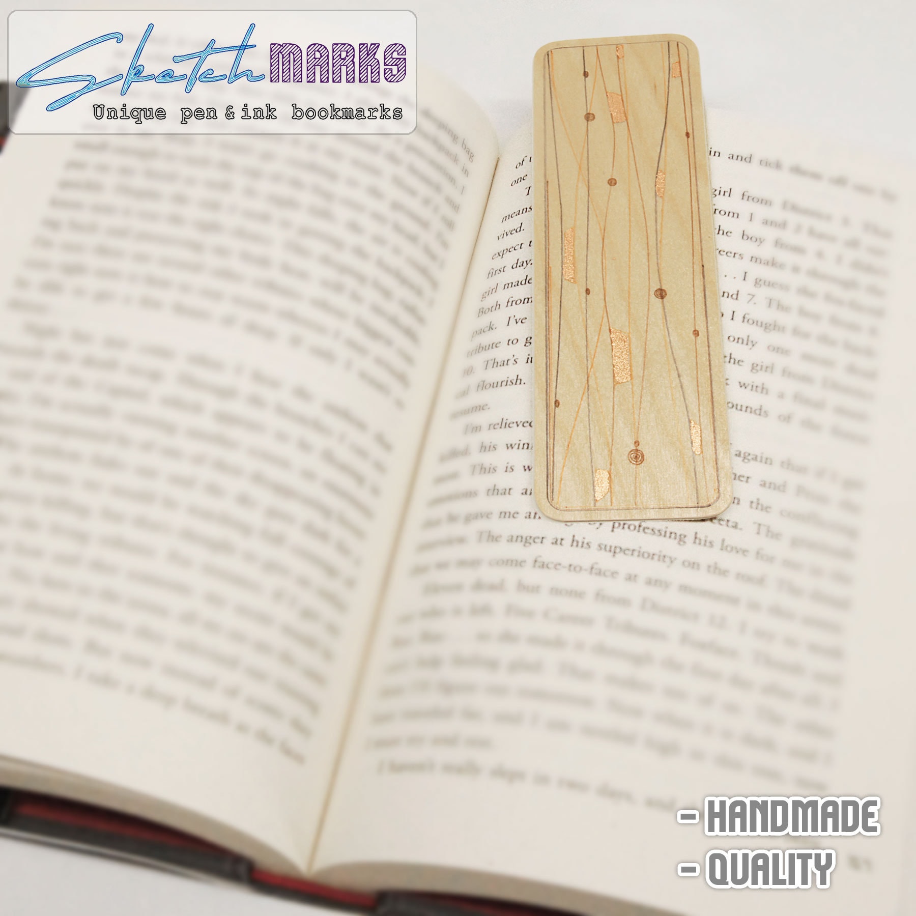 Sketchmarks Unique Pen & Ink Bookmarks, Lines, Copper Leaf, Book Page ...