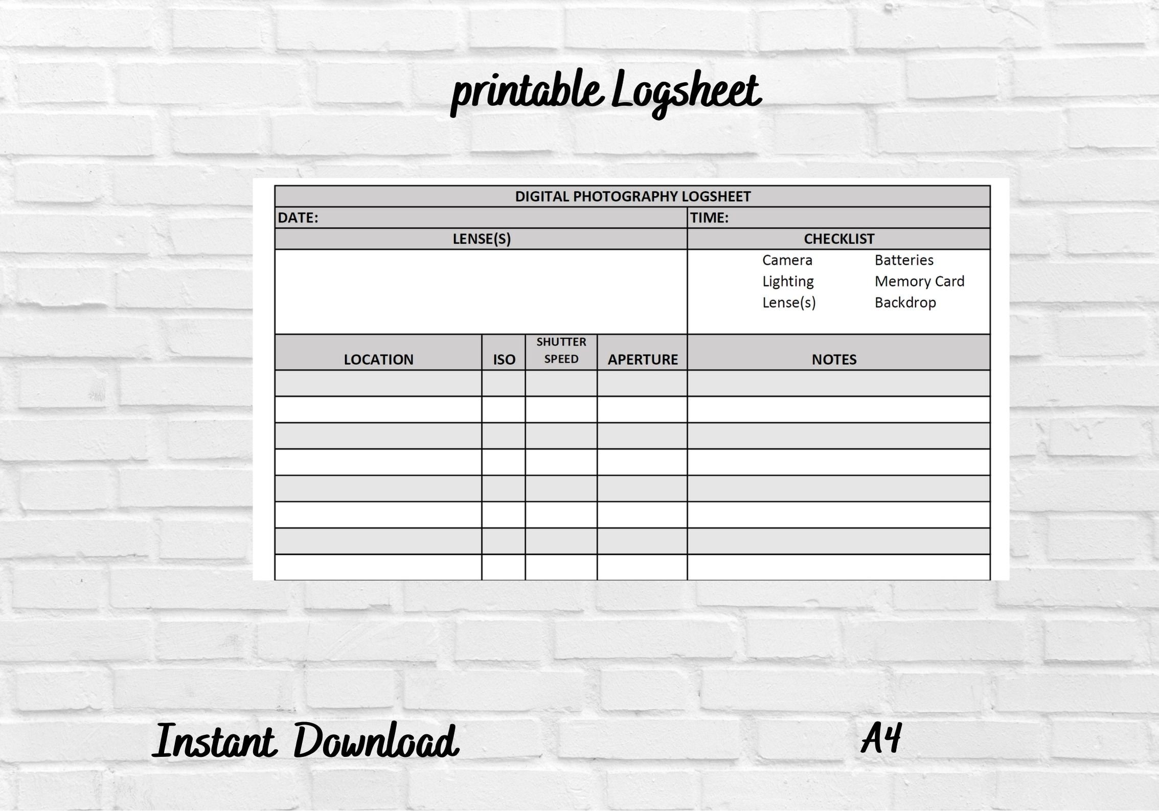 Photography Log Sheet A4 Printable Photo Sheet Printable | Etsy