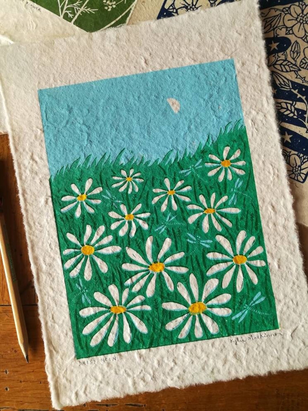 Daisy Moon Linocut Block Print Landscape Art Print With - Etsy