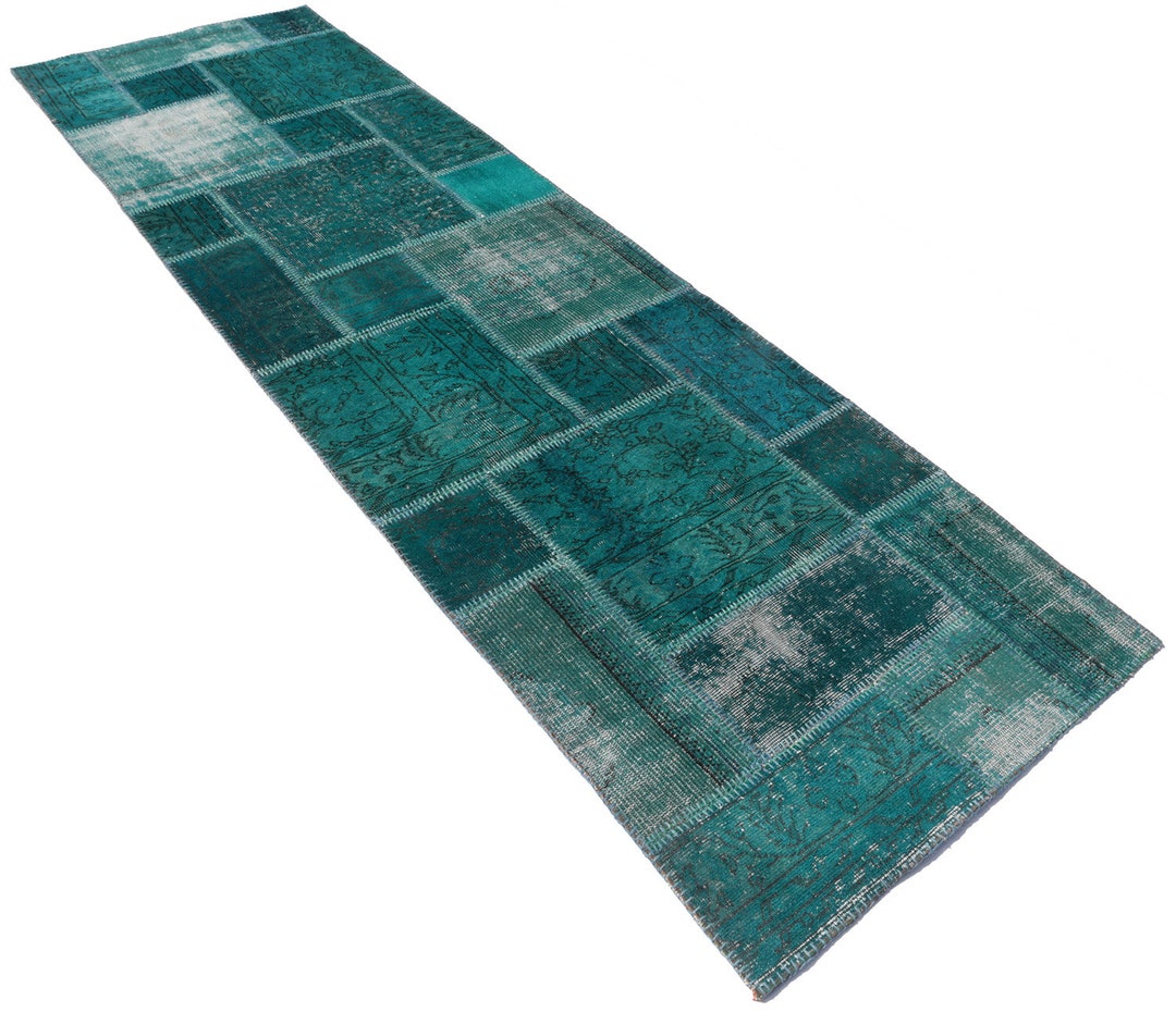 Turquoise Patchwork Rug, Aisle Runner Rug, Vintage Area Rug, Hallway ...