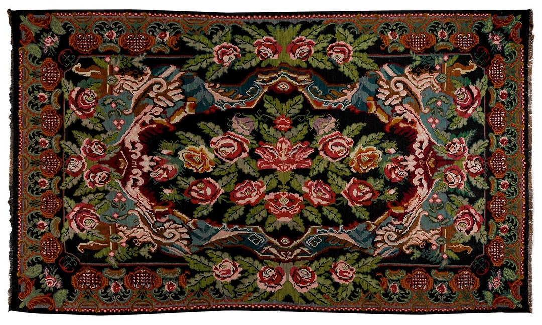 Black Floral Wool Area Kilim Rug,flat Weave Caucasian Rose Kilim Rug ...