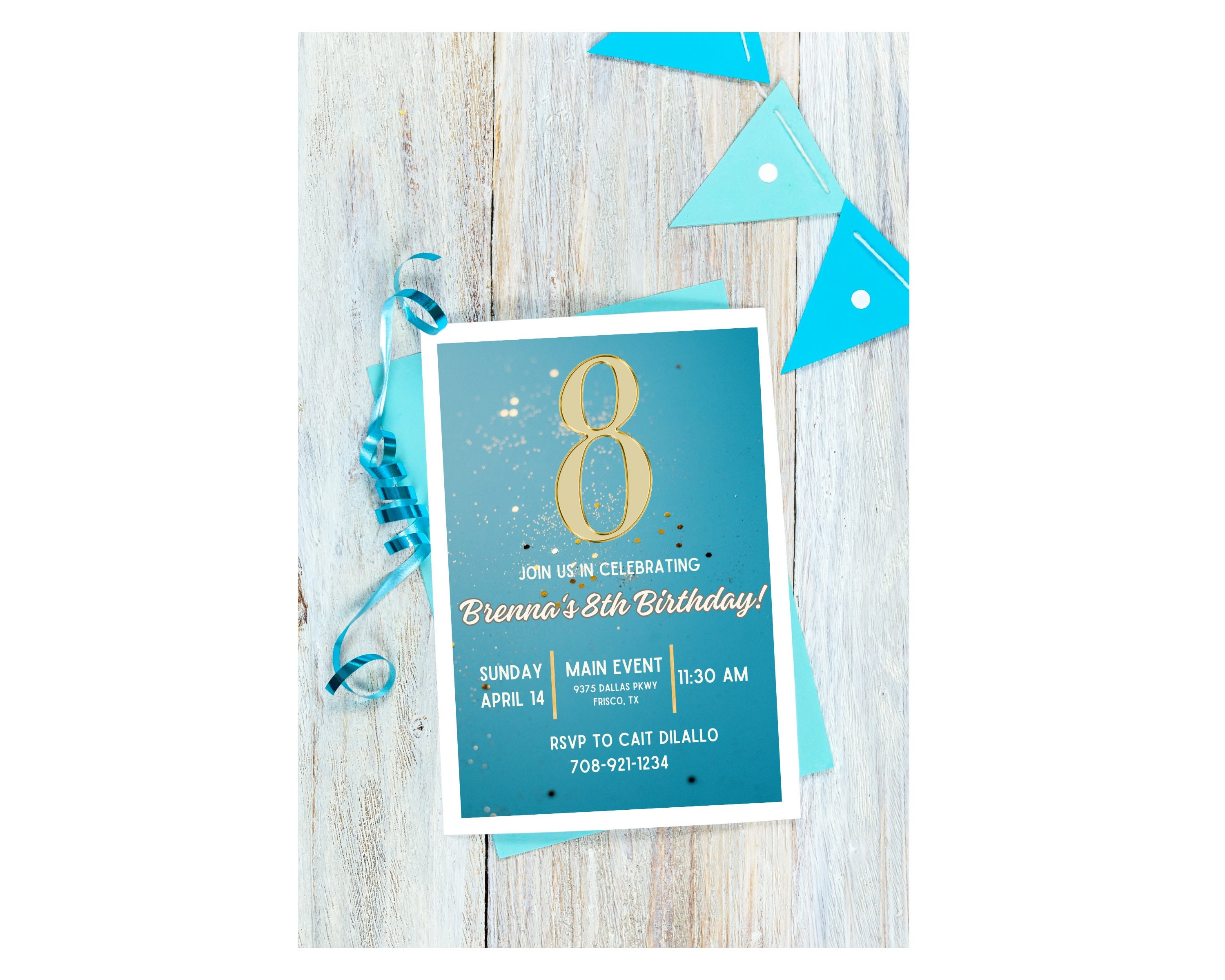 Editable Blue 8th Birthday Invitation Sparkle Birthday Party Invite ...