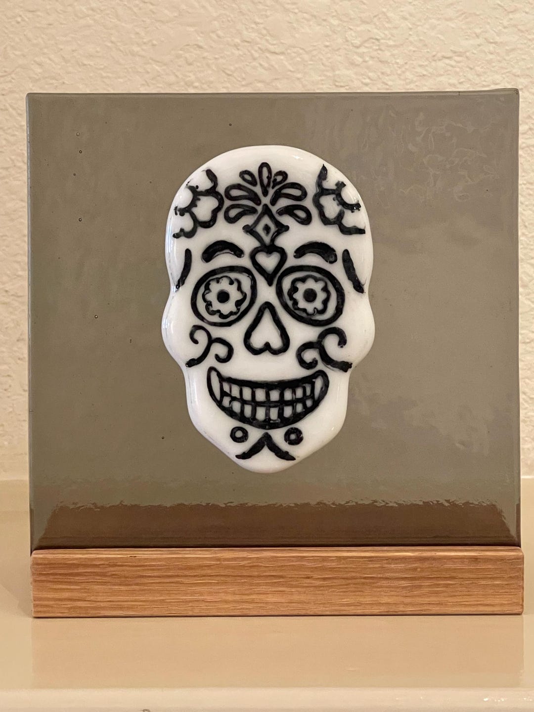 Handmade Fused Glass Sugar Skull Black and White Glass Art Day of the ...