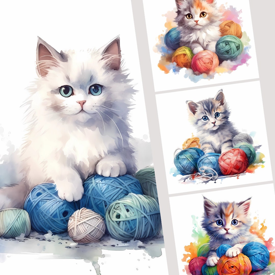 15 Cute Cats With Yarn Watercolor High Quality Clipart Nursery, Kids ...