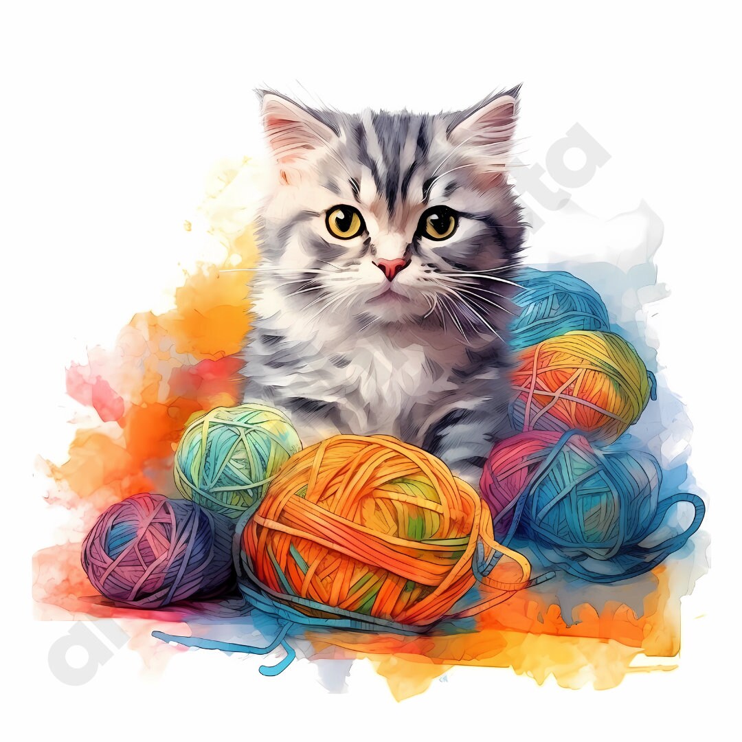 15 Cute Cats With Yarn Watercolor High Quality Clipart Nursery, Kids ...