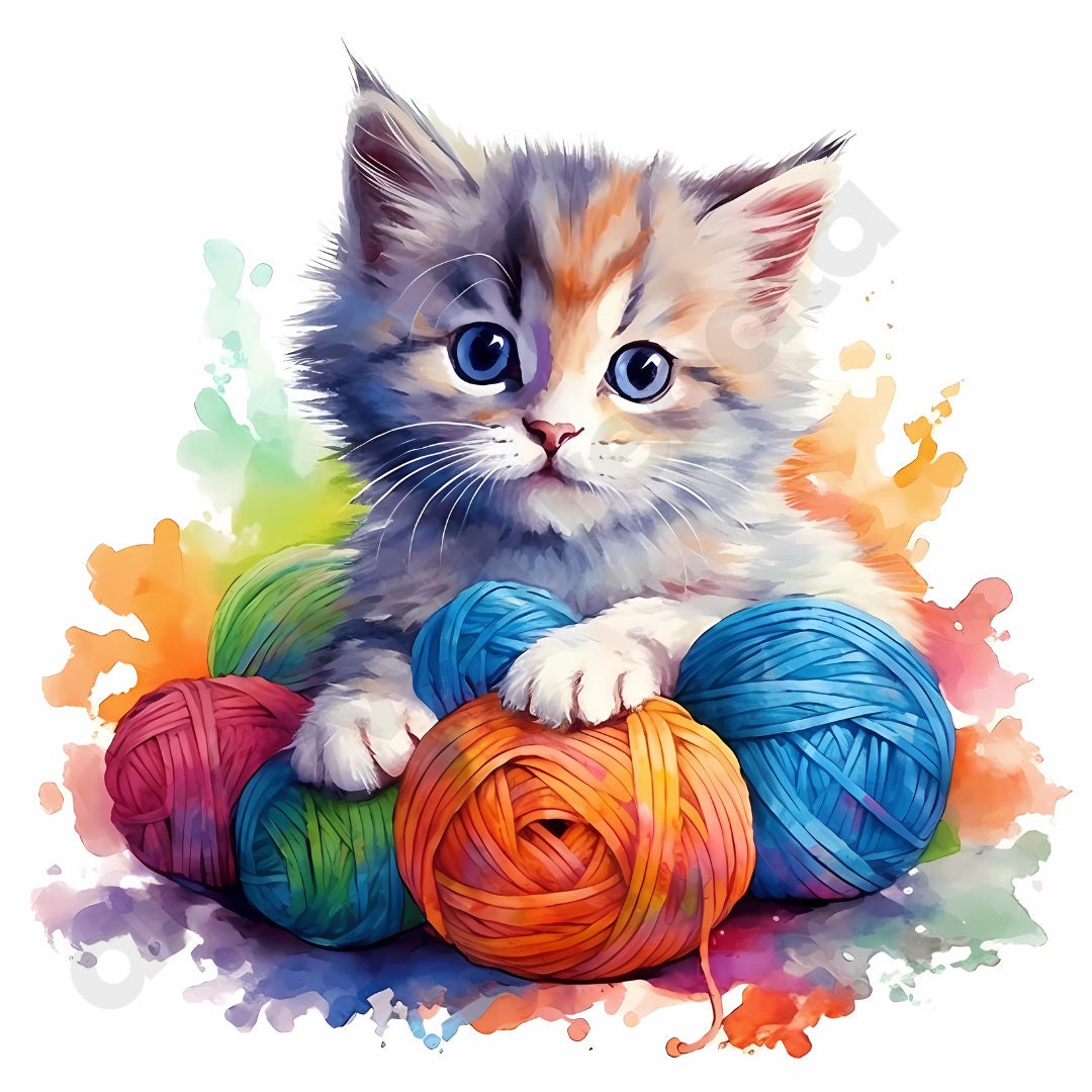 15 Cute Cats With Yarn Watercolor High Quality Clipart Nursery, Kids ...