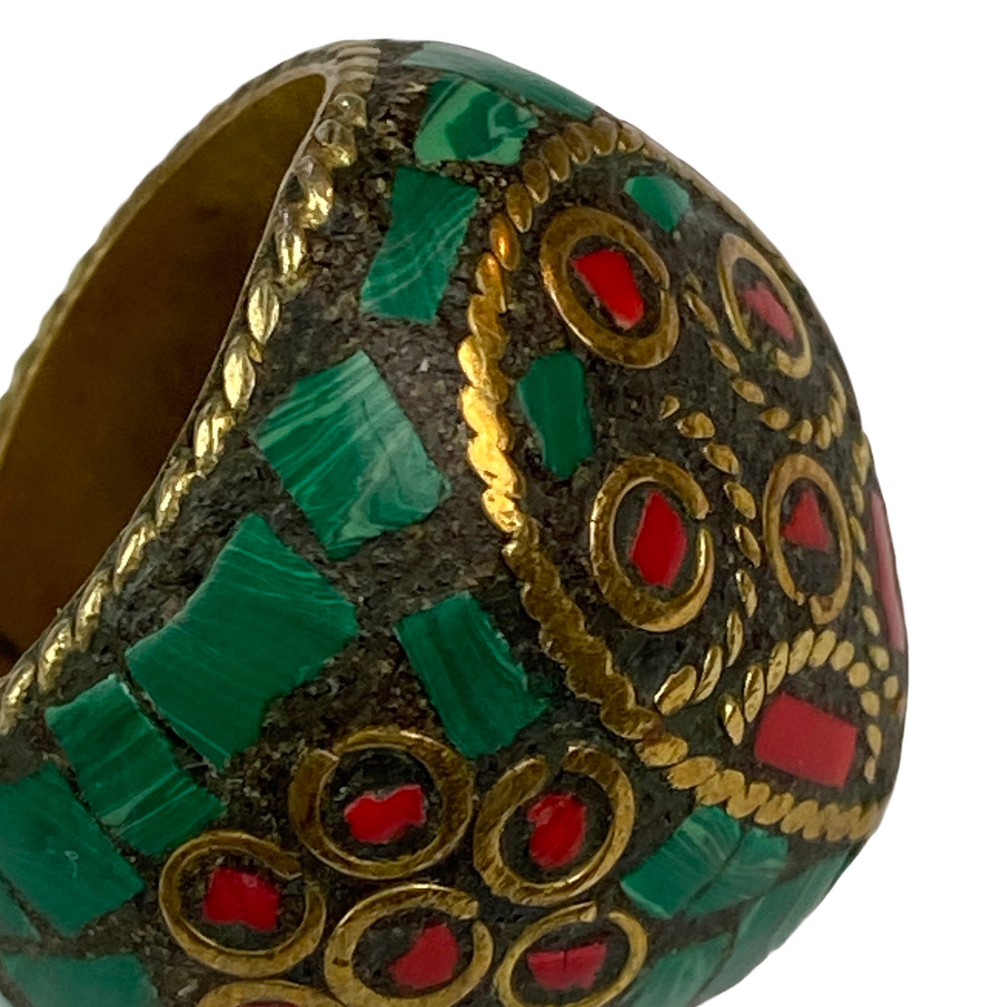Nepali Ring Brass With Malachite and Red Coral Inlay Twisted | Etsy