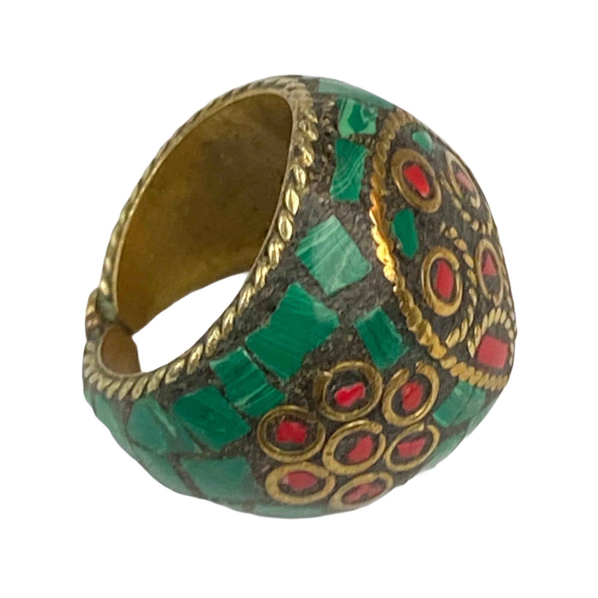 Nepali Ring Brass With Malachite and Red Coral Inlay Twisted | Etsy