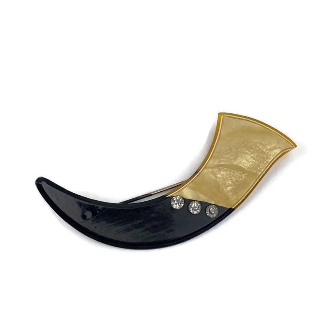 Art Deco Celluloid Rhinestone Horn Shape Brooch Pin Two Tone Black Faux ...