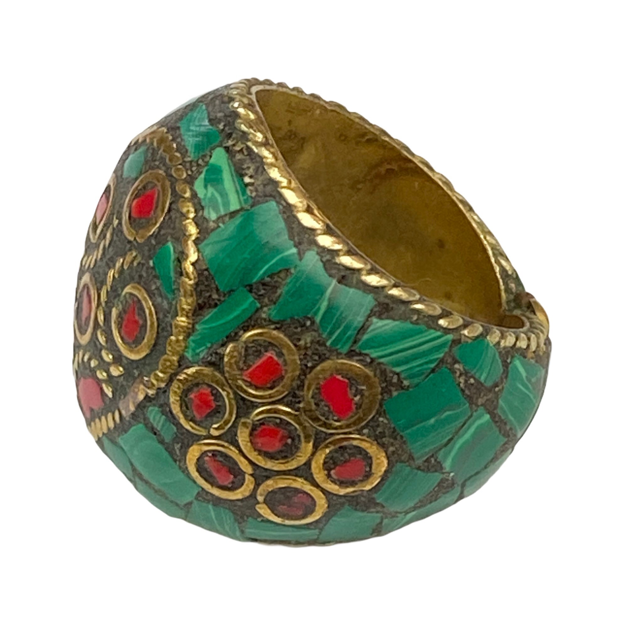Nepali Ring Brass With Malachite and Red Coral Inlay Twisted | Etsy
