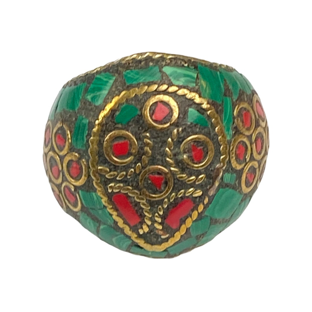 Nepali Ring Brass With Malachite and Red Coral Inlay Twisted Edge ...