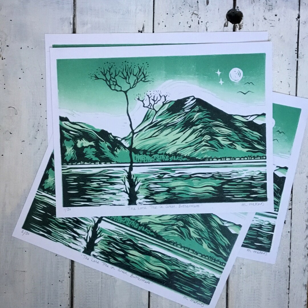 Lino Print Buttermere Tree 'lone Tree in Green - Etsy