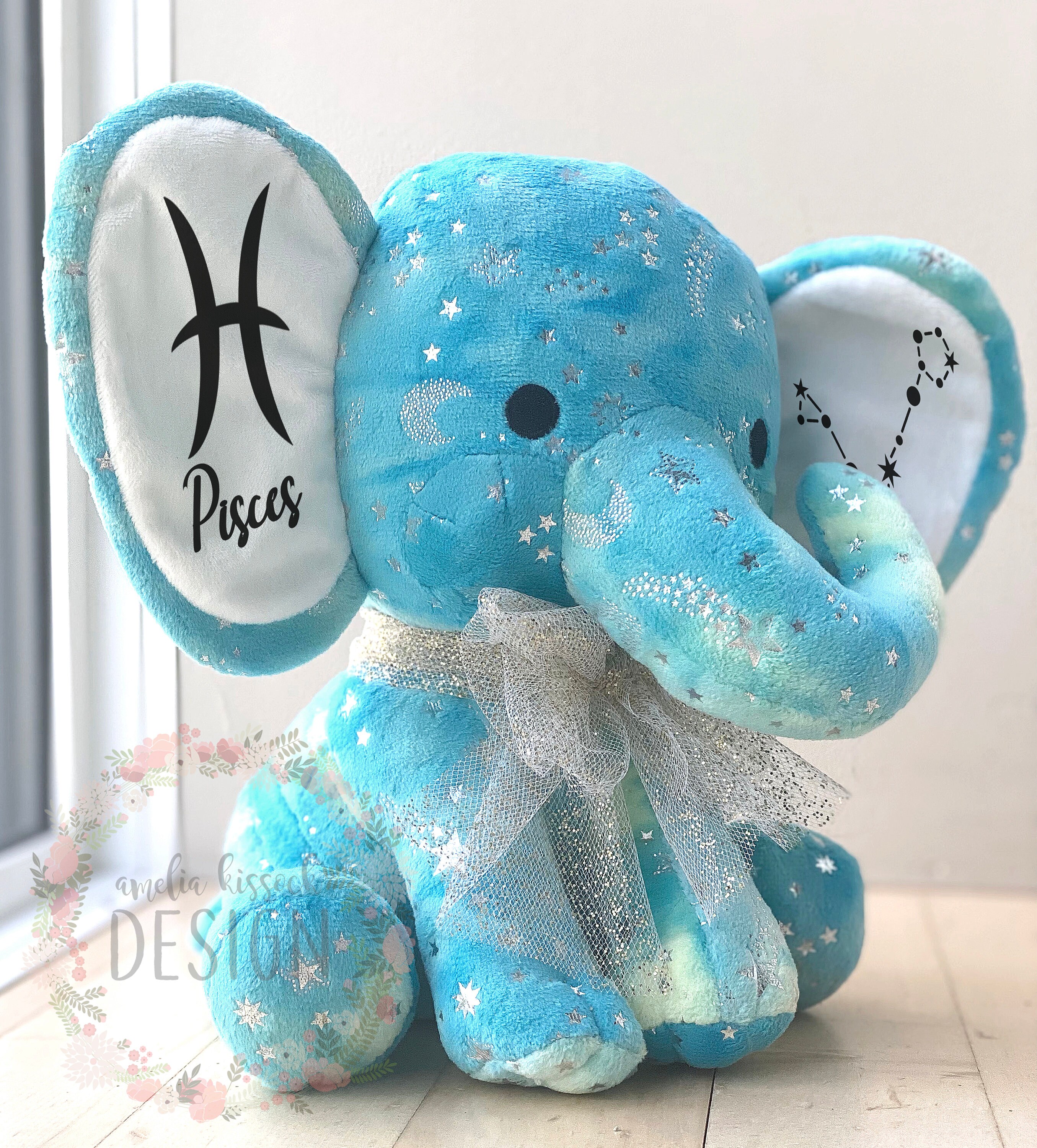 Zodiac Print, Elephant Stuffy Plush, Celestial Stars and Moon Gift ...