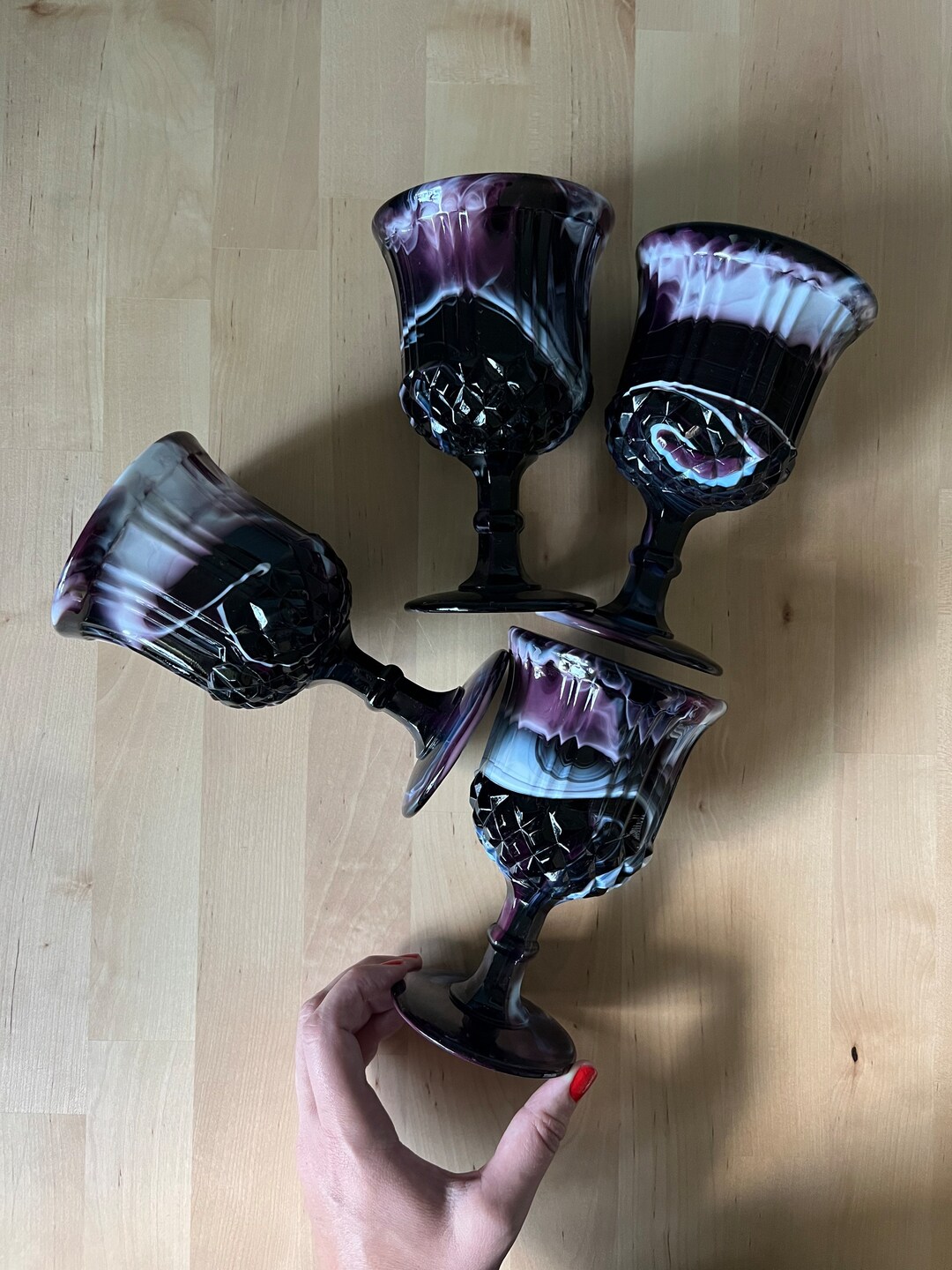 RARE Set of 4 Vintage Purple Marble Slag Glass Goblets Vintage Barware ...