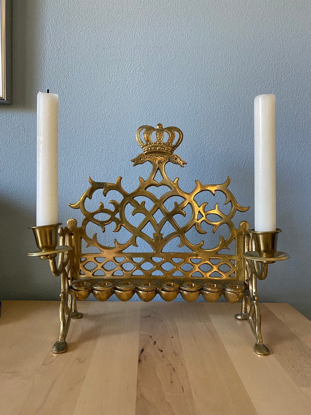 Antique Solid Brass Oil Burning Menorah Bench Featuring Crown Detail ...