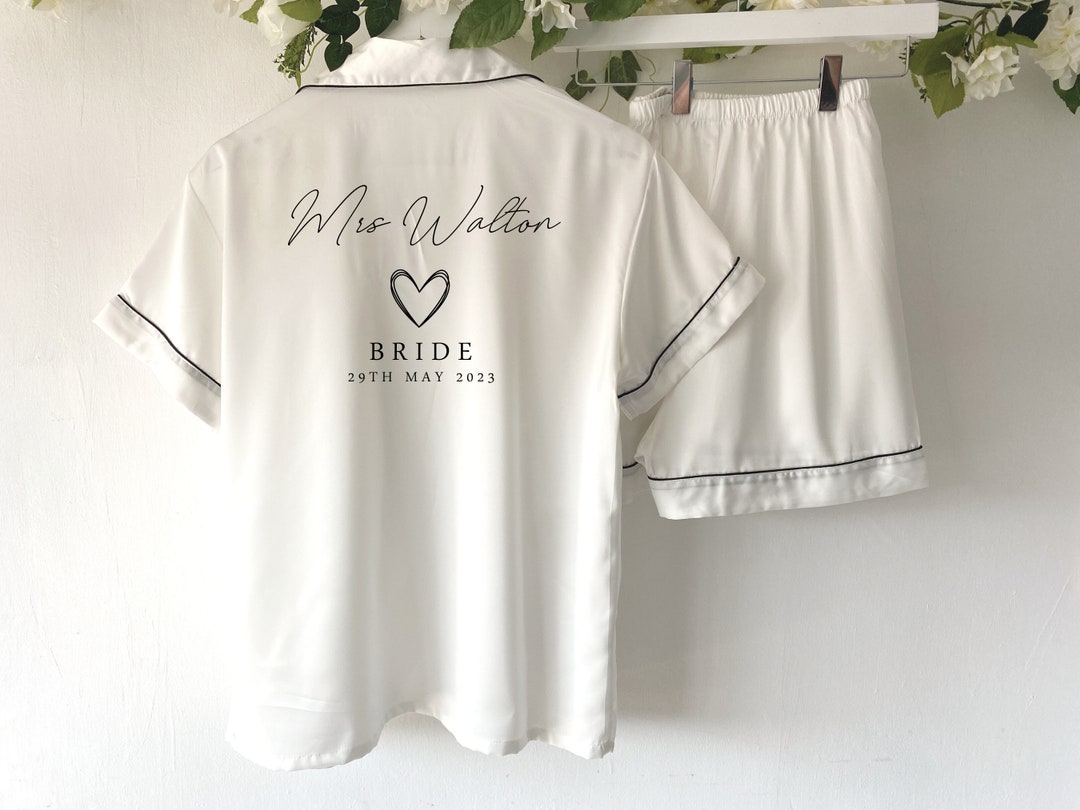 White Personalised Satin Pyjama Set, Personalised Pj’s, Luxury Pyjamas ...