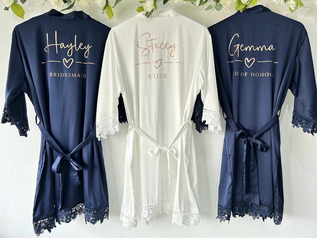 Navy Blue Bridesmaid Robes Bride Gift Bride Robe Dark Satin Lace Robe ...