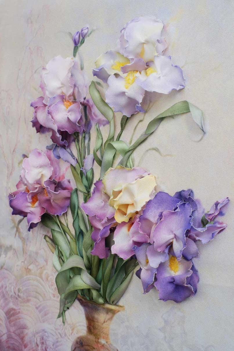 Bouquet of Irises Silk Ribbon Embroidered Picture, Unique Hand ...