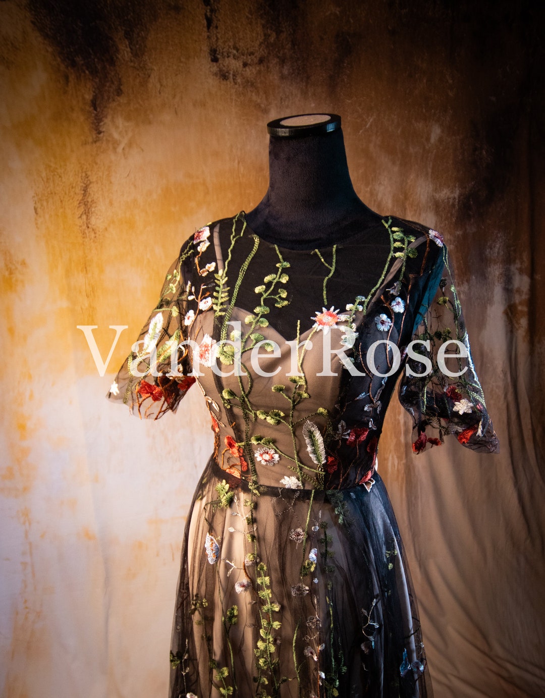 Handmade Unique Black Mesh Vines Gown With Floral Details and Sweeping ...