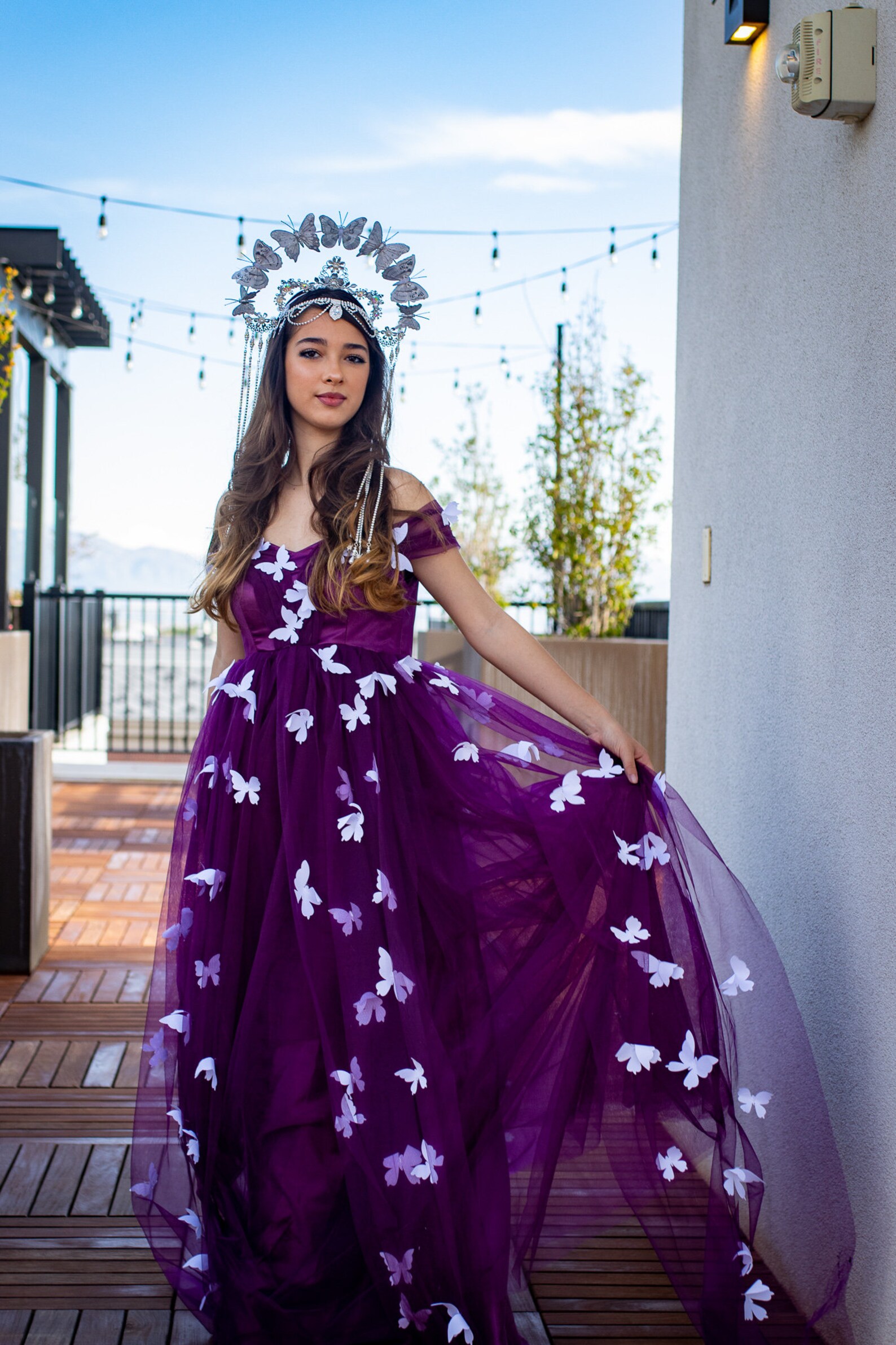 Dark Purple Tulle Gown With Butterflies, Party Wear Gown, Butterfly ...