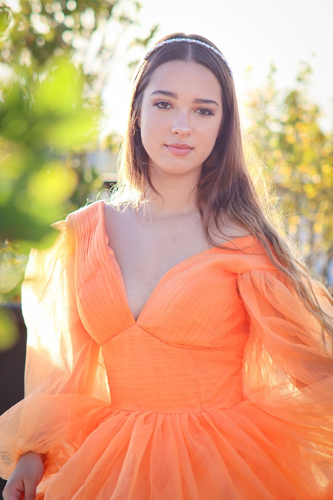 Orange Tulle Gown With Deep V Neck, Corset Tulle Dress, Party Wear Gown ...