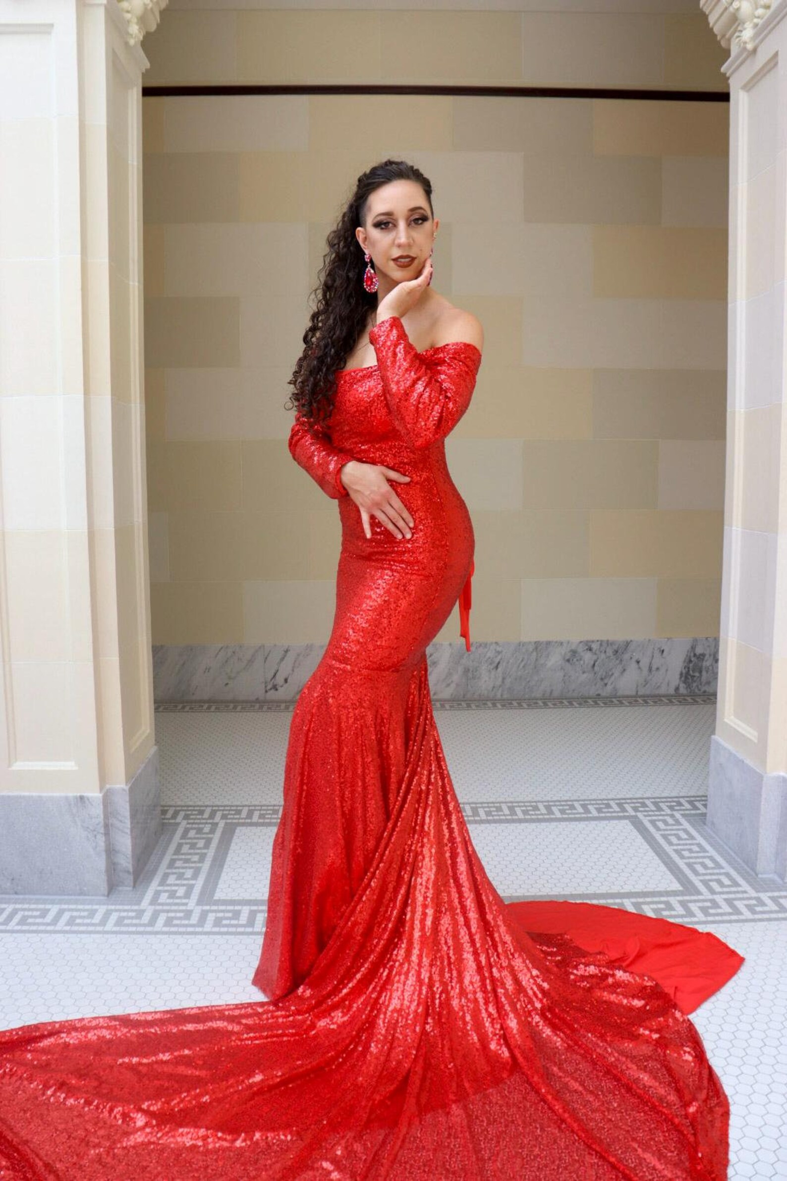 Andromeda Extra Long Train Sequins Mermaid Gown in Truest Red, Corset ...