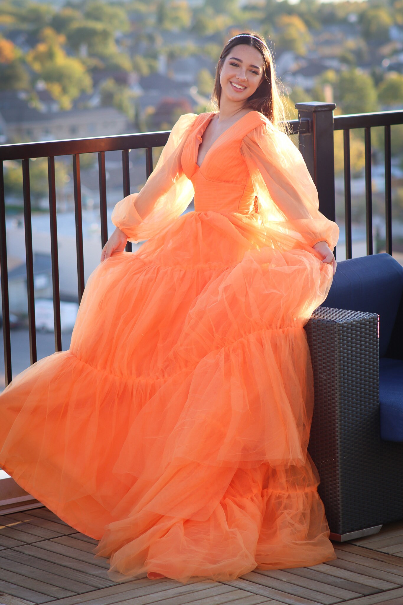 Orange Tulle Gown With Deep V Neck, Corset Tulle Dress, Party Wear Gown ...