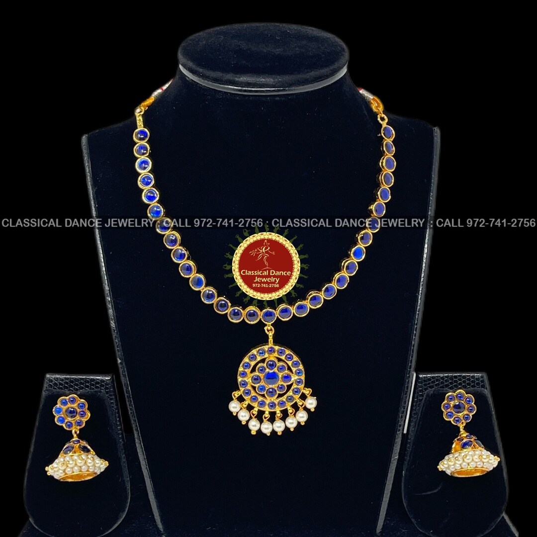 Traditional Simple Blue Addiga Necklace Pearls Temple Indian Jewelry ...
