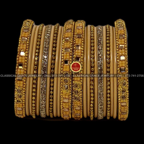 Beige Velvet Finish Stone Studded 22 Metal Bangles Jewelry Set - Etsy
