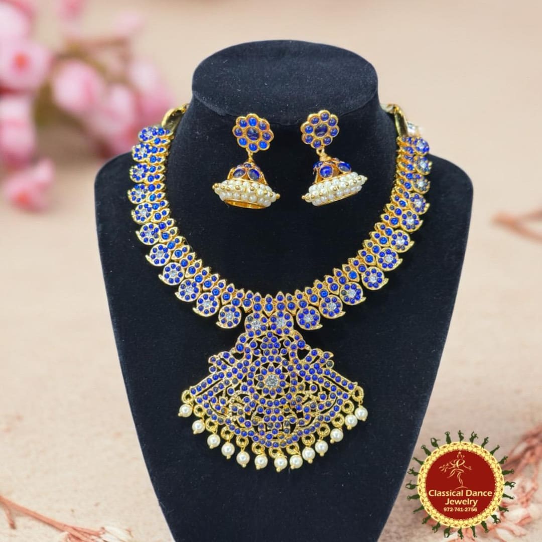 BLUE Mango Design Temple Indian Jewelry | White Stone | Short Necklace ...