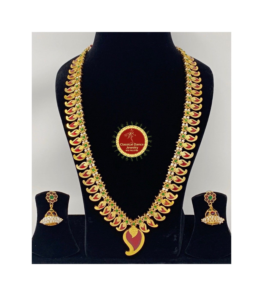 Red Meena Mango Pendant Indian Jewelry | Long Necklace | Bharatnatyam ...