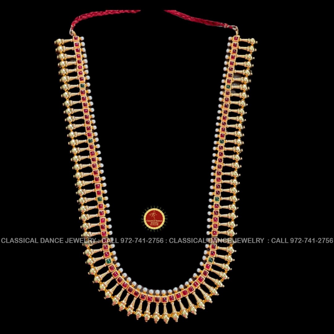 Gold KEMPU Mala Long Haram Indian Jewelry Bharatnatyam, Kuchipudi ...