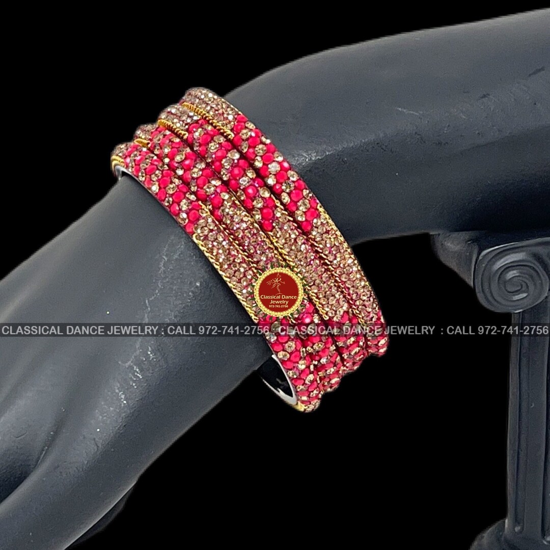 Hot Pink Stone Gold Studded Indian Jewelry Bridal Bangles Set ...