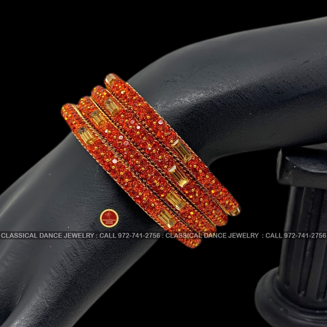 Orange Stone Gold Studded Indian Jewelry Bridal Bangles Set ...